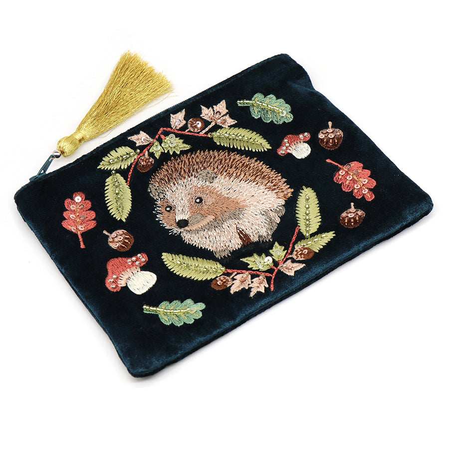 Hedgehog Embroidered Velvet Pouch Purse Teal – Bliss Gifts